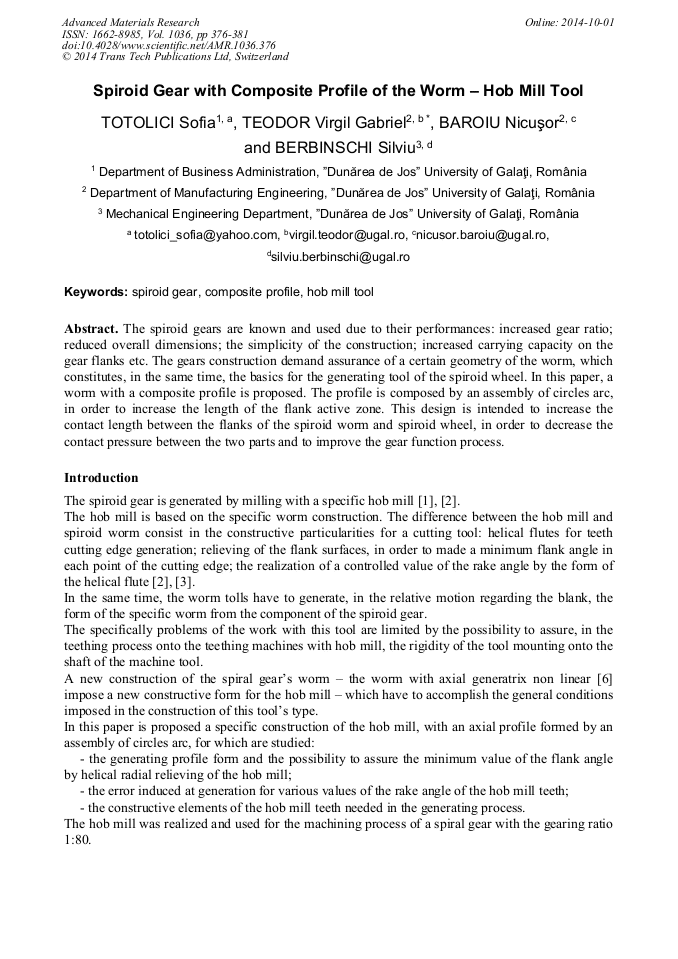 Spiroid Gear with Composite Profile of the Worm – Hob Mill Tool ...