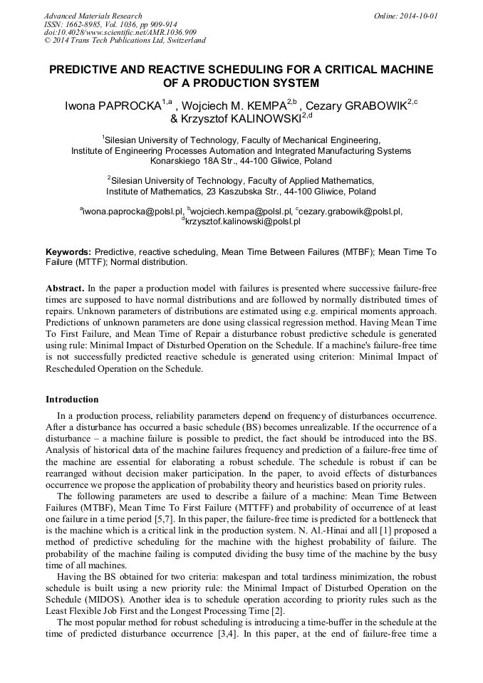 Predictive and Reactive Scheduling for a Critical Machine of a Production System | Scientific.Net