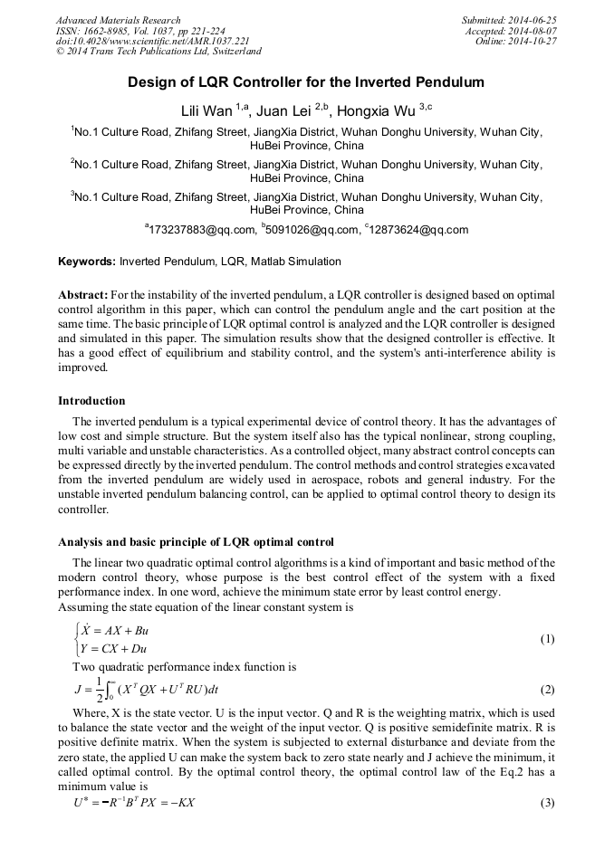 Design of LQR Controller for the Inverted Pendulum | Scientific.Net