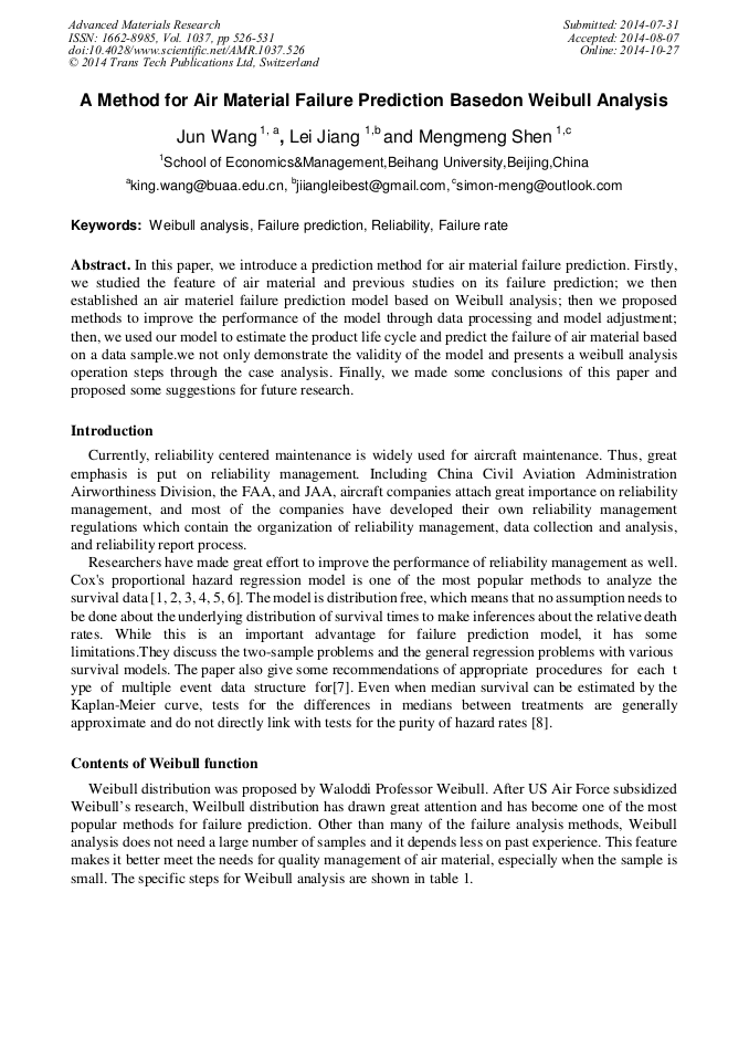 A Method for Air Material Failure Prediction Based on Weibull Analysis ...