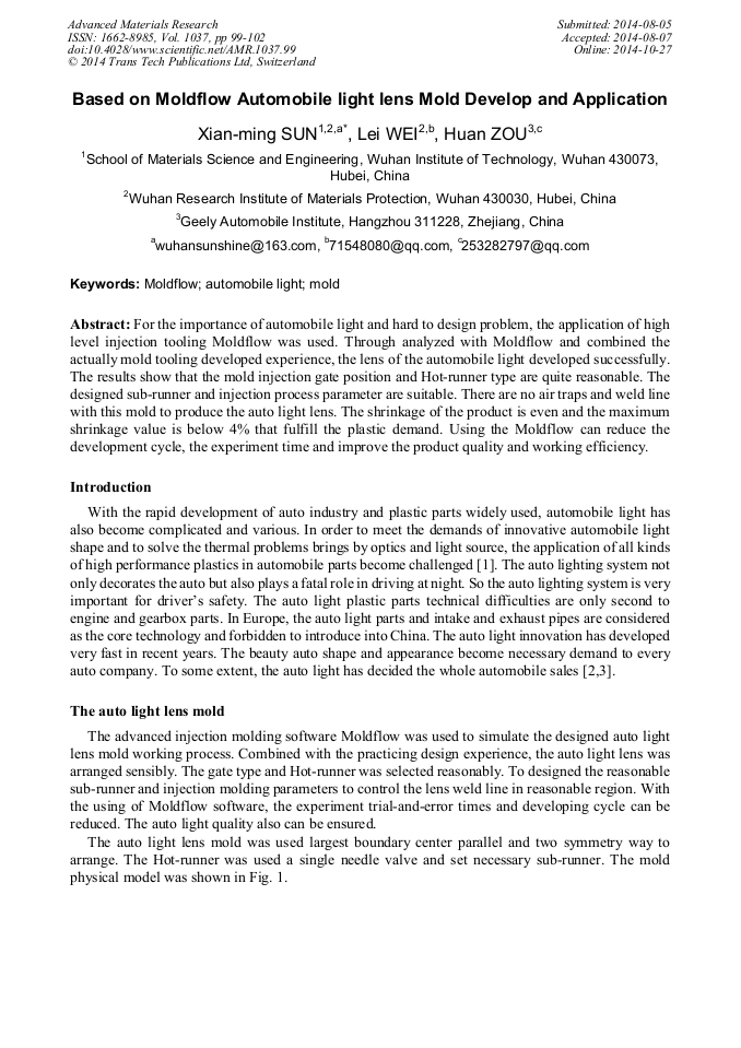 Based on Moldflow Automobile Light Lens Mold Develop and Application ...