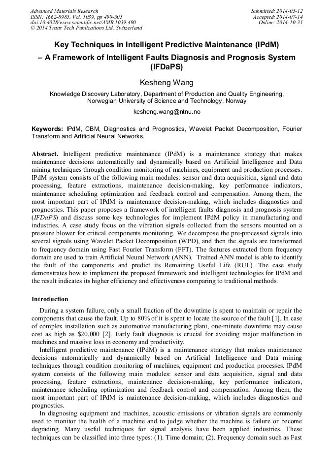 Key Techniques in Intelligent Predictive Maintenance (IPdM) – A ...
