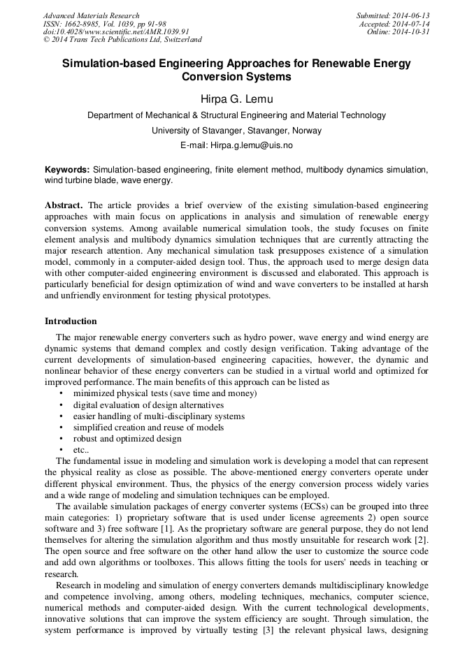 Simulation-Based Engineering Approaches for Renewable Energy Conversion ...