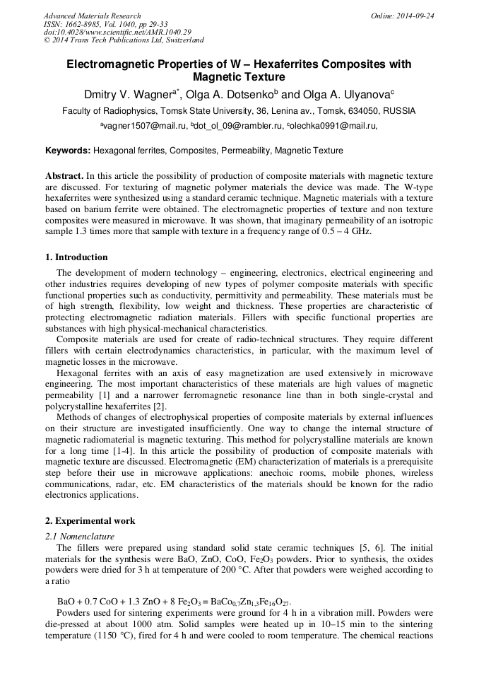 Electromagnetic Properties of W – Hexaferrites Composites with Magnetic ...