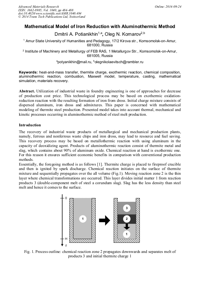Mathematical Model of Iron Reduction with Aluminothermic Method ...