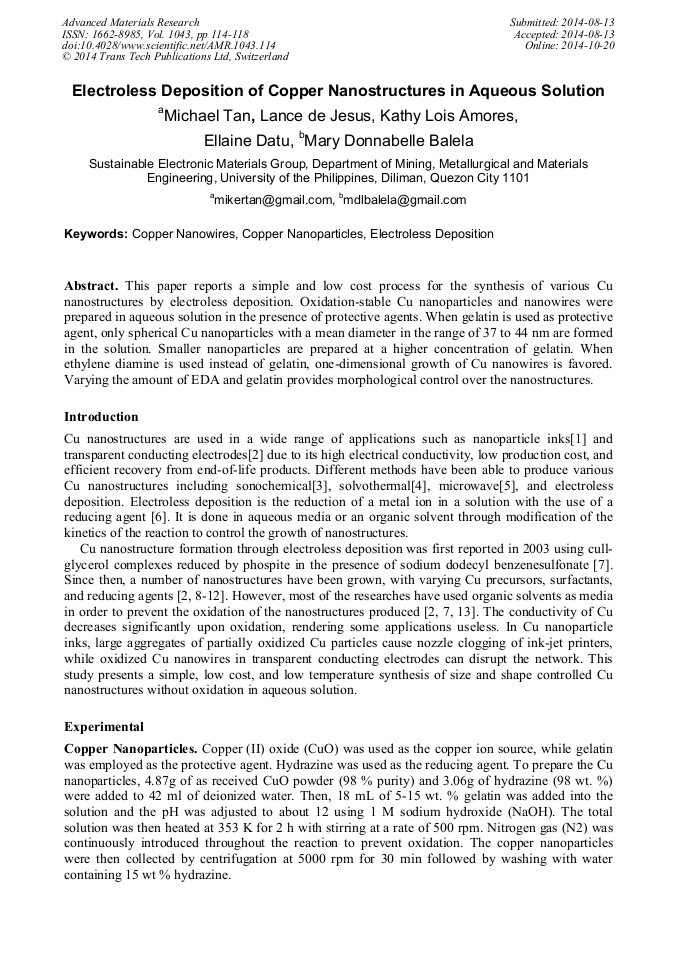 Electroless Deposition of Copper Nanostructures in Aqueous Solution ...