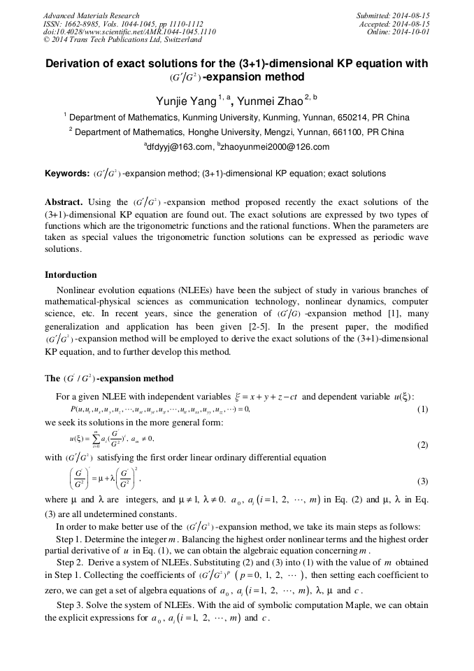 Derivation of Exact Solutions for the (3+1)-Dimensional KP Equation ...