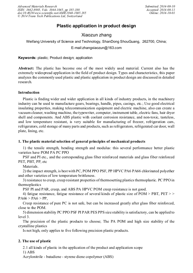 Plastic Application in Product Design | Scientific.Net
