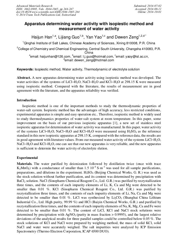 Apparatus Determining Water Activity with Isopiestic Method and ...