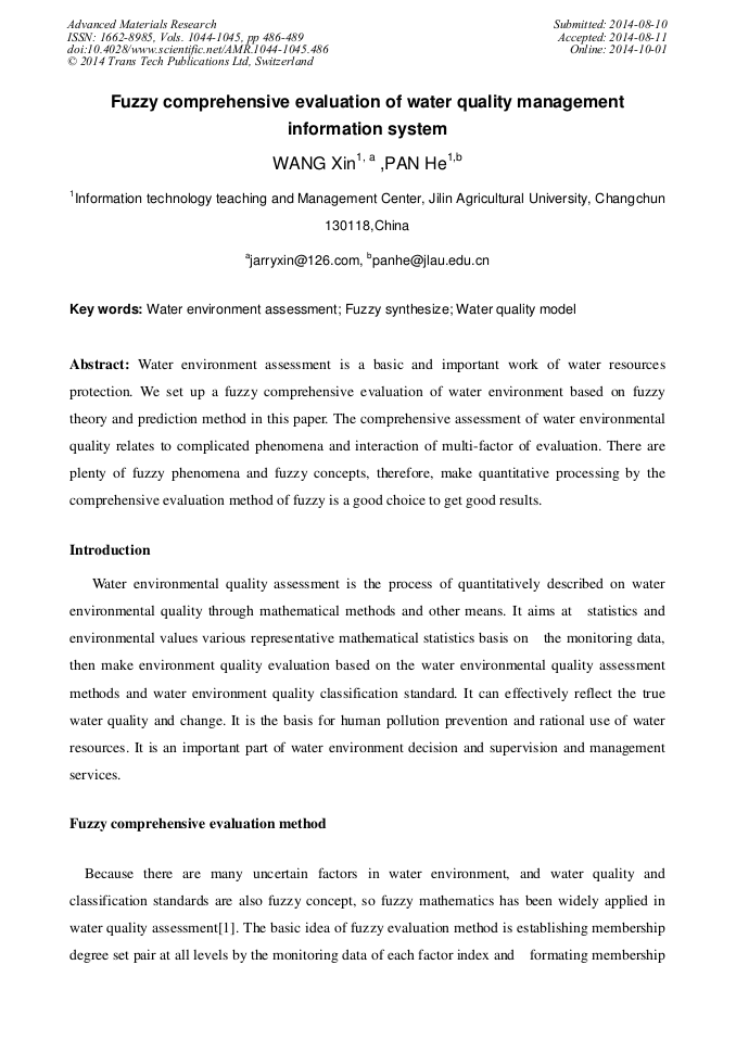 Fuzzy Comprehensive Evaluation of Water Quality Management Information ...