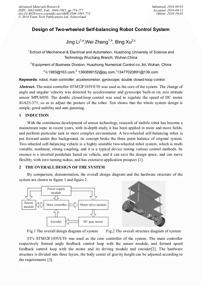 Design of Two-Wheeled Self-Balancing Robot Control System | Scientific.Net
