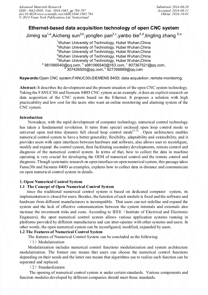 Ethernet-Based Data Acquisition Technology of Open CNC System | Scientific.Net