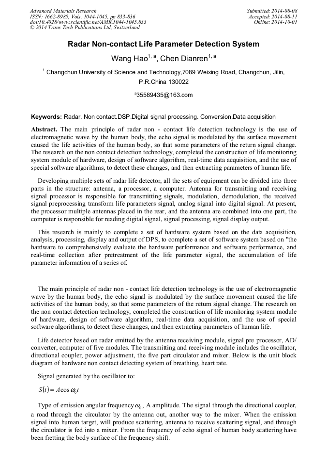 Radar Non-Contact Life Parameter Detection System | Scientific.Net
