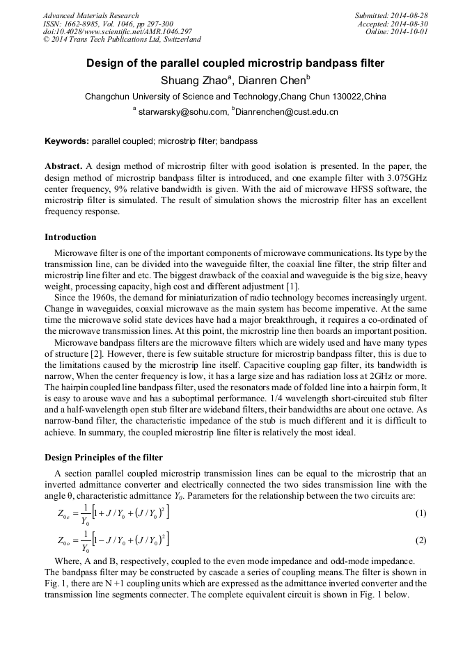 Design of the Parallel Coupled Microstrip Bandpass Filter | Scientific.Net