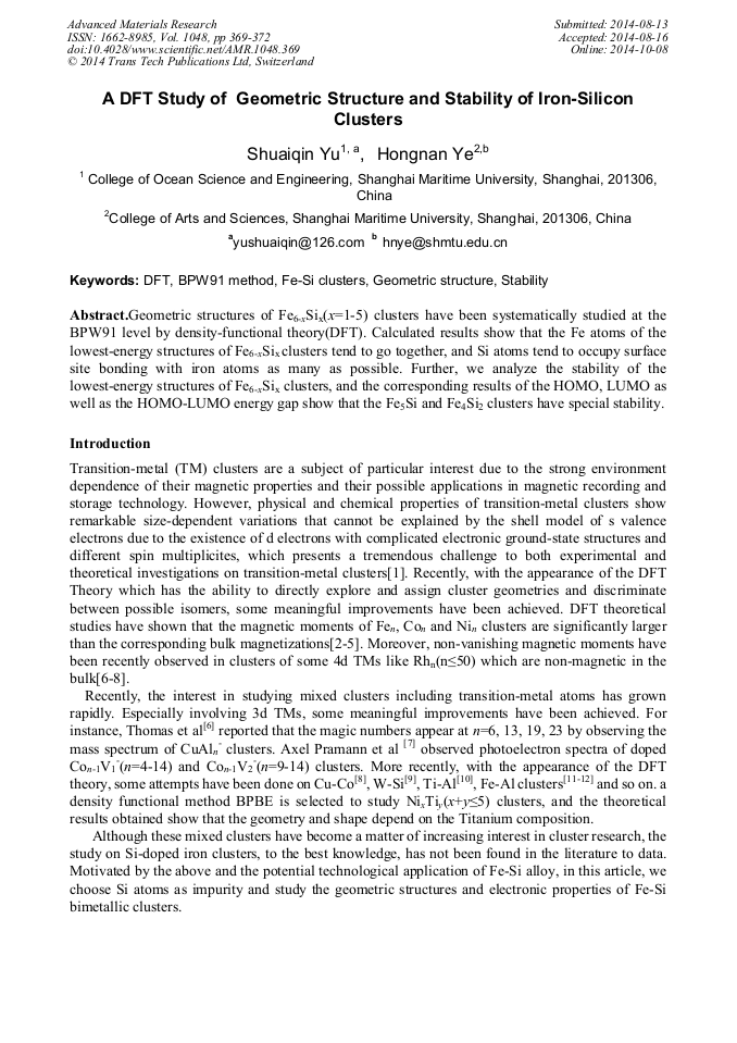 A DFT Study of Geometric Structure and Stability of Iron-Silicon ...