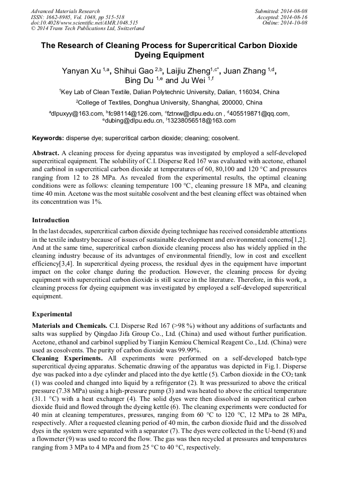 The Research of Cleaning Process for Supercritical Carbon Dioxide ...