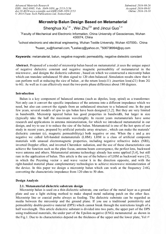 Microstrip Balun Design Based on Metamaterial | Scientific.Net