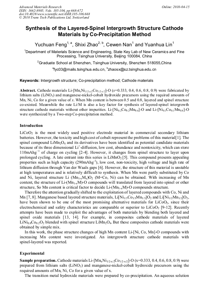 Synthesis of the Layered-Spinel Intergrowth Structure Cathode Materials ...