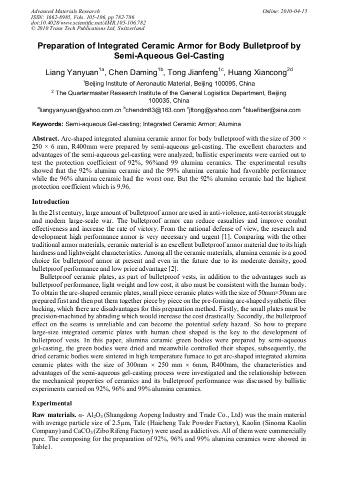 Preparation of Integrated Ceramic Armor for Body Bulletproof by Semi ...