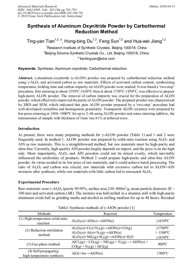 Synthesis of Aluminum Oxynitride Powder by Carbothermal Reduction ...