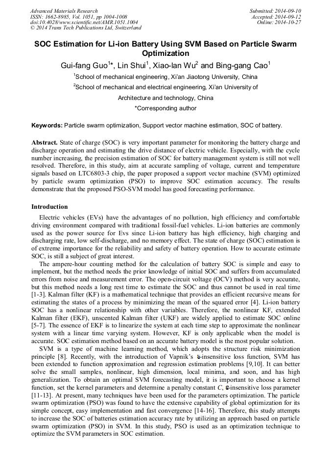 Soc Estimation For Li Ion Battery Using Svm Based On Particle Swarm Optimization Scientificnet