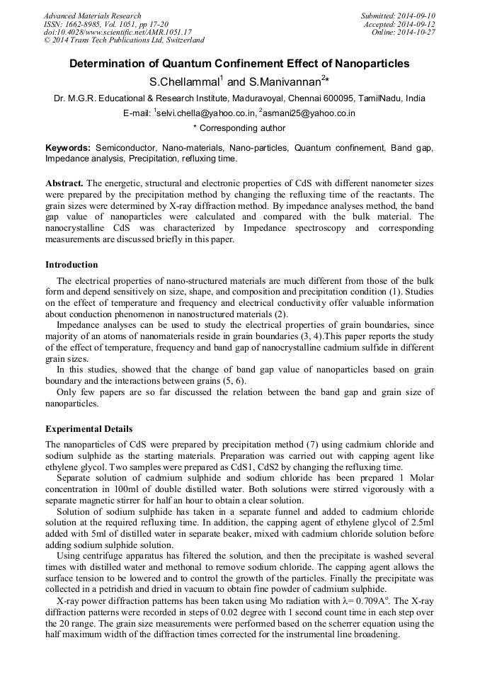 Determination of Quantum Confinement Effect of Nanoparticles ...