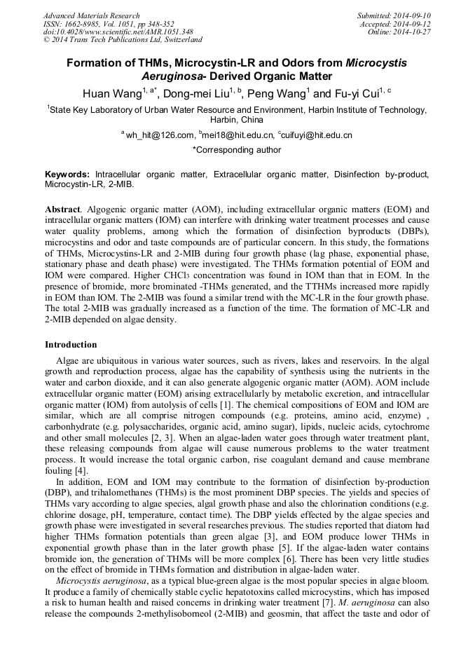Formation of THMs, Microcystin-LR and Odors from Microcystis aeruginosa ...