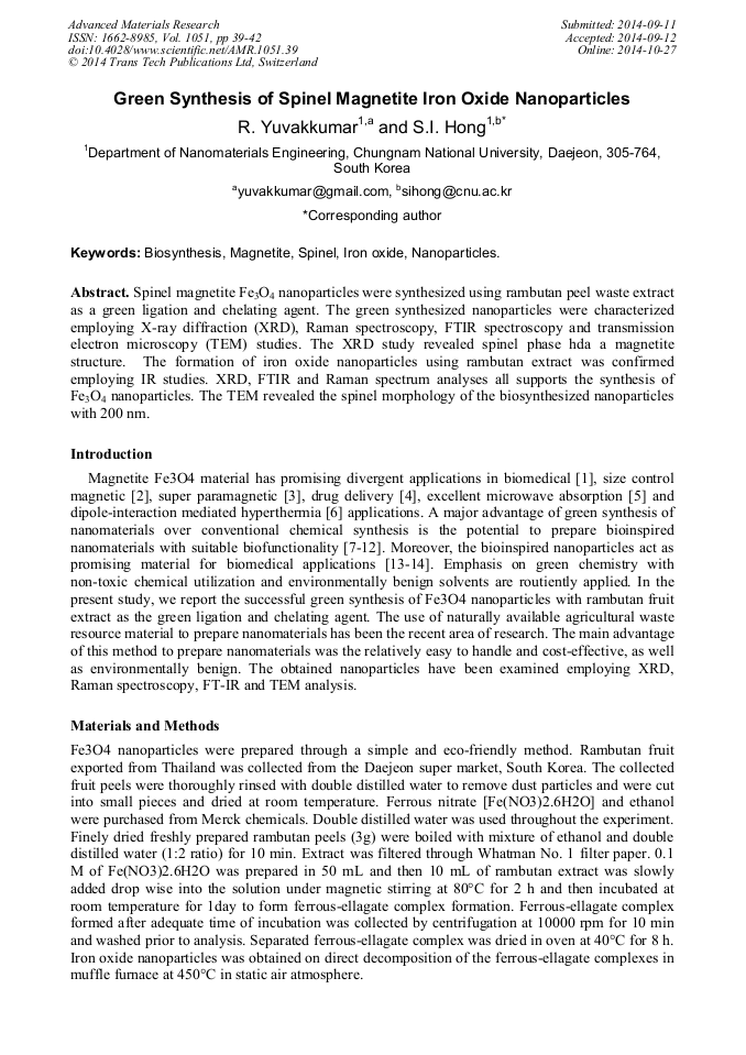 Green Synthesis of Spinel Magnetite Iron Oxide Nanoparticles ...