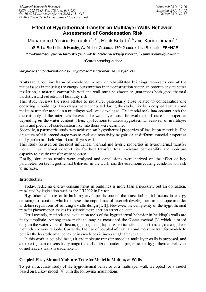 Effect of Hygrothermal Transfer on Multilayer Walls Behavior ...