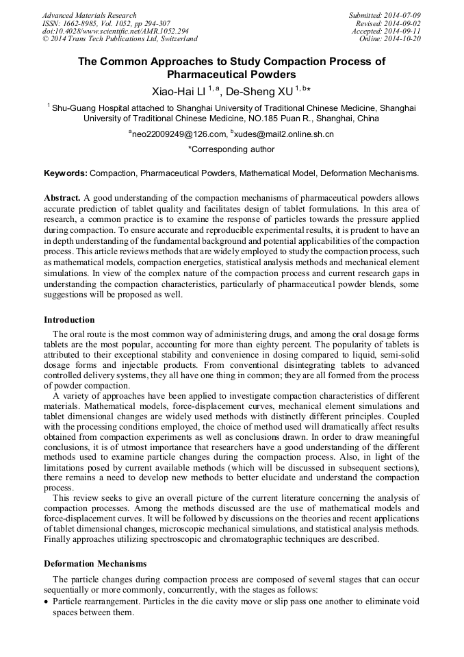 The Common Approaches to Study Compaction Process of Pharmaceutical ...