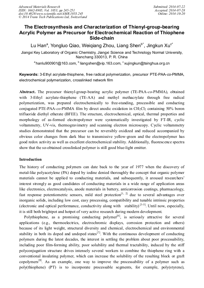 The Electrosynthesis and Characterization of Thienyl-Group-Bearing ...