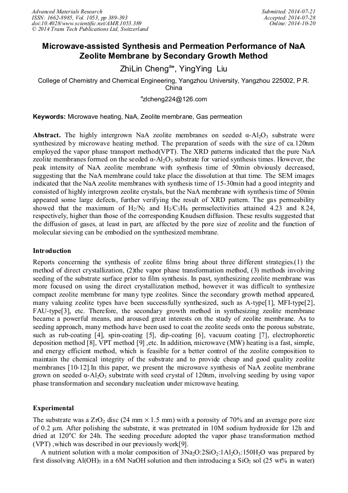 Microwave-Assisted Synthesis and Permeation Performance of NaA Zeolite ...