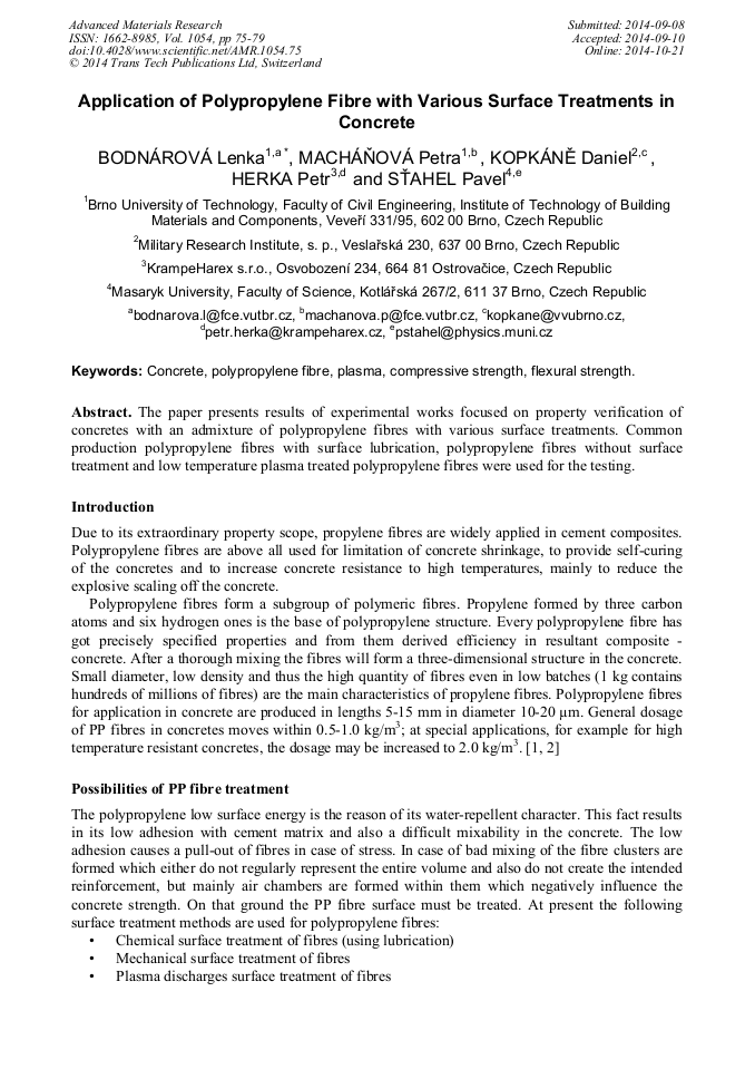 Application of Polypropylene Fibre with Various Surface Treatments in ...