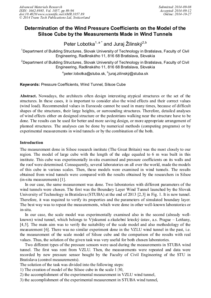 Determination of the Wind Pressure Coefficients on the Model of the ...