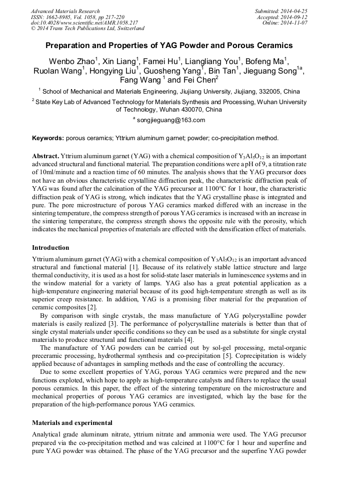Preparation and Properties of YAG Powder and Porous Ceramics ...