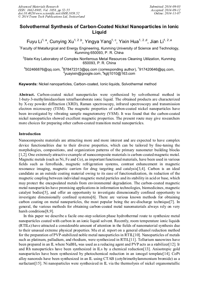 Solvothermal Synthesis of Carbon-Coated Nickel Nanoparticles in Ionic ...