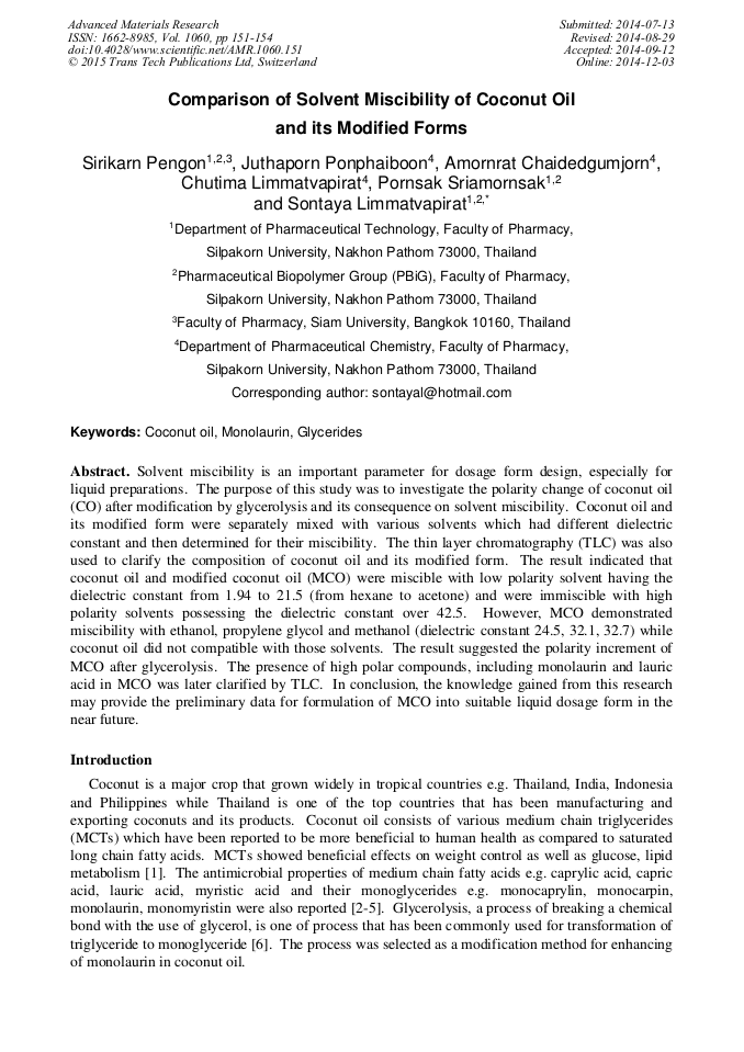 Comparison of Solvent Miscibility of Coconut Oil and its Modified Forms ...