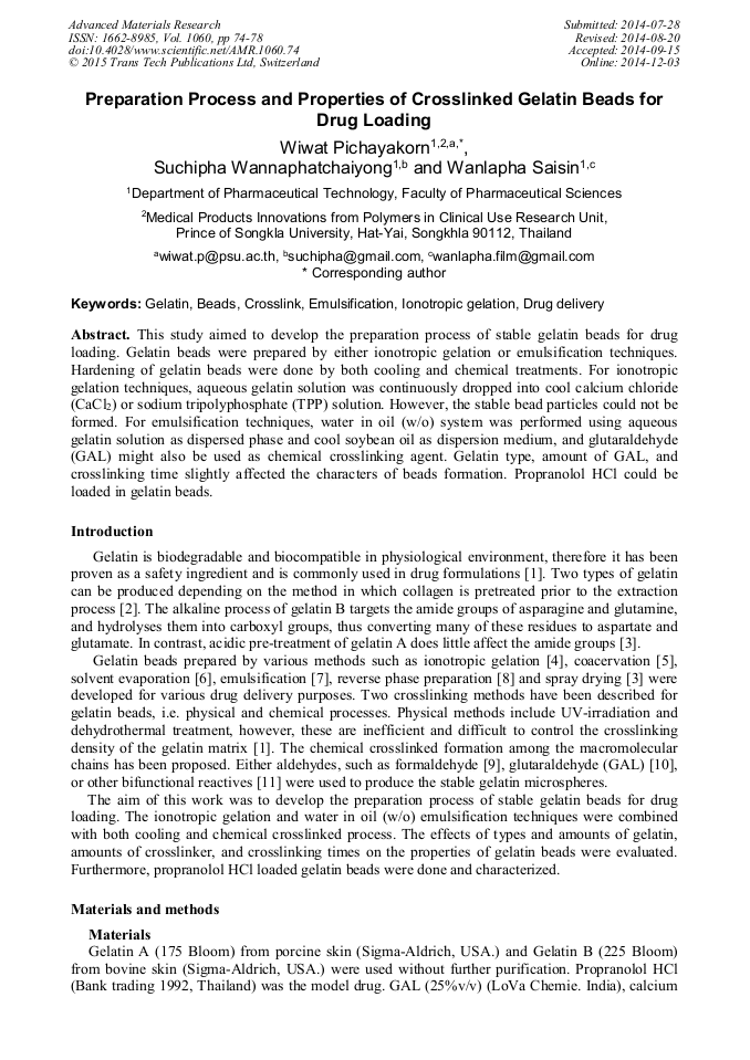 Preparation Process and Properties of Crosslinked Gelatin Beads for ...
