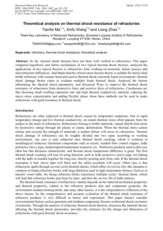Theoretical Analysis on Thermal Shock Resistance of Refractories ...