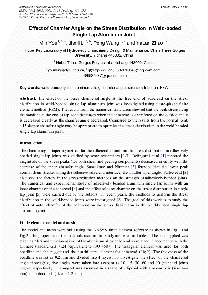 Effect of Chamfer Angle on the Stress Distribution in Weld-Boded Single ...