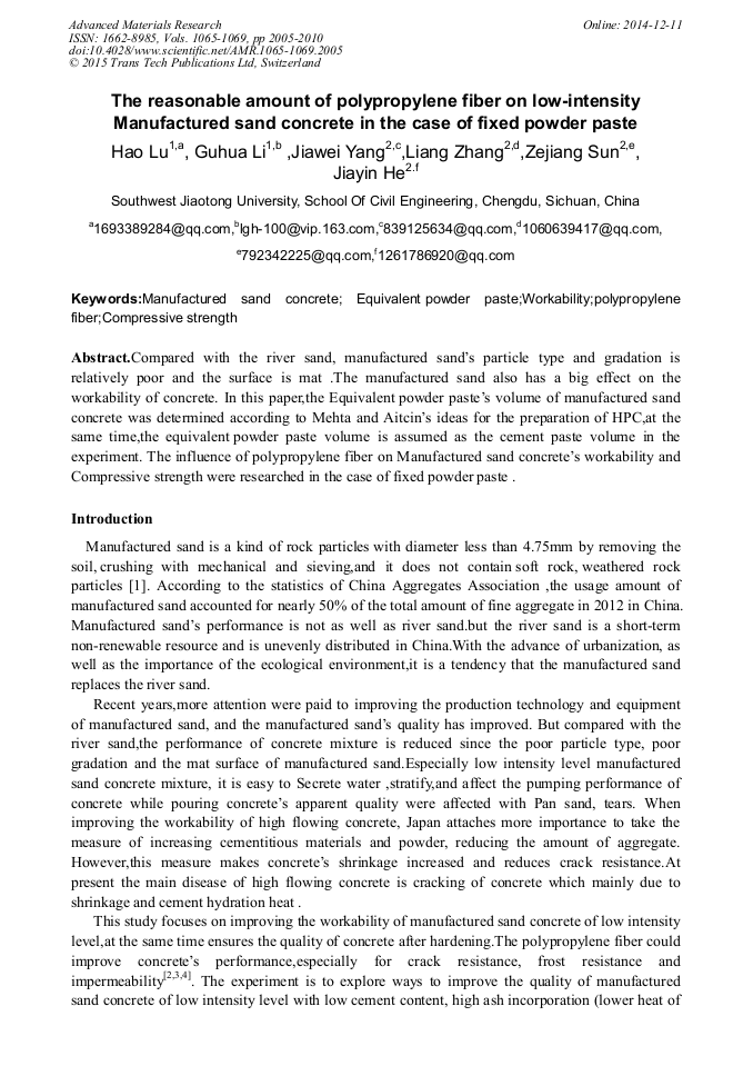 The Reasonable Amount of Polypropylene Fiber on Low-Intensity Manufactured Sand Concrete in the ...