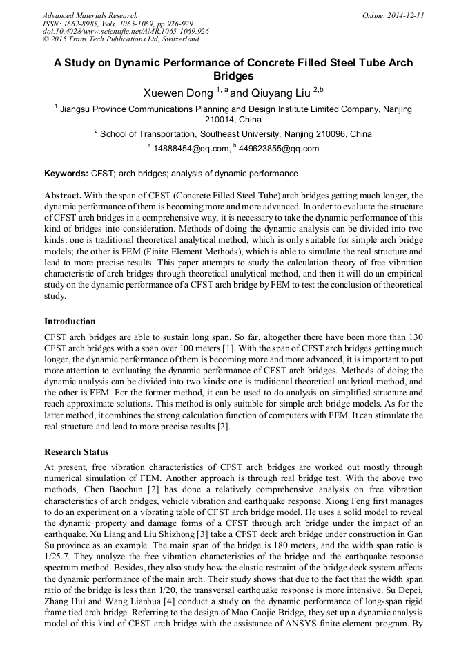 A Study on Dynamic Performance of Concrete Filled Steel Tube Arch ...