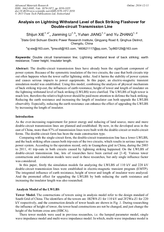 Analysis on Lightning Withstand Level of Back Striking Flashover for ...