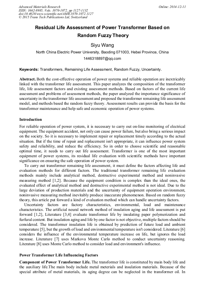Residual Life Assessment of Power Transformer Based on Random Fuzzy ...