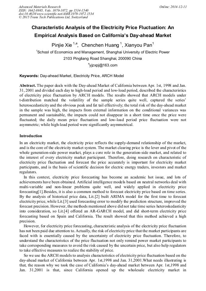 Characteristic Analysis of the Electricity Price Fluctuation: An ...