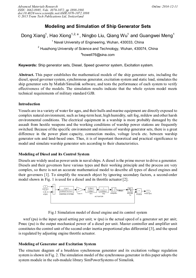 Modeling and Simulation of Ship Generator Sets | Scientific.Net