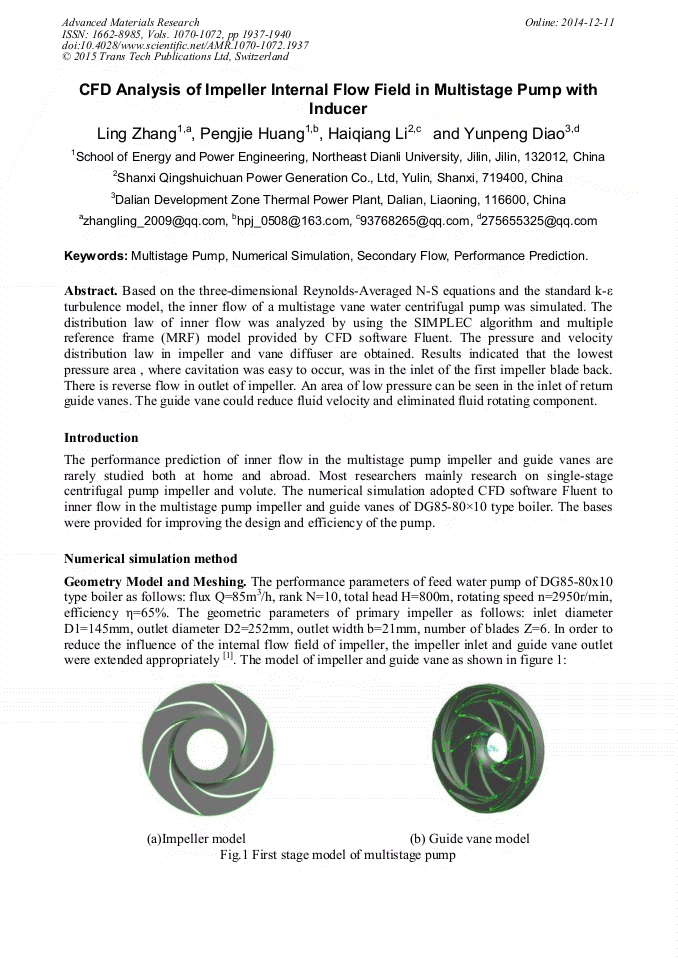 CFD Analysis of Impeller Internal Flow Field in Multistage Pump with ...