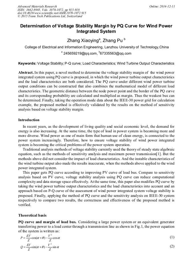 Determination of Voltage Stability Margin by PQ Curve for Wind Power ...