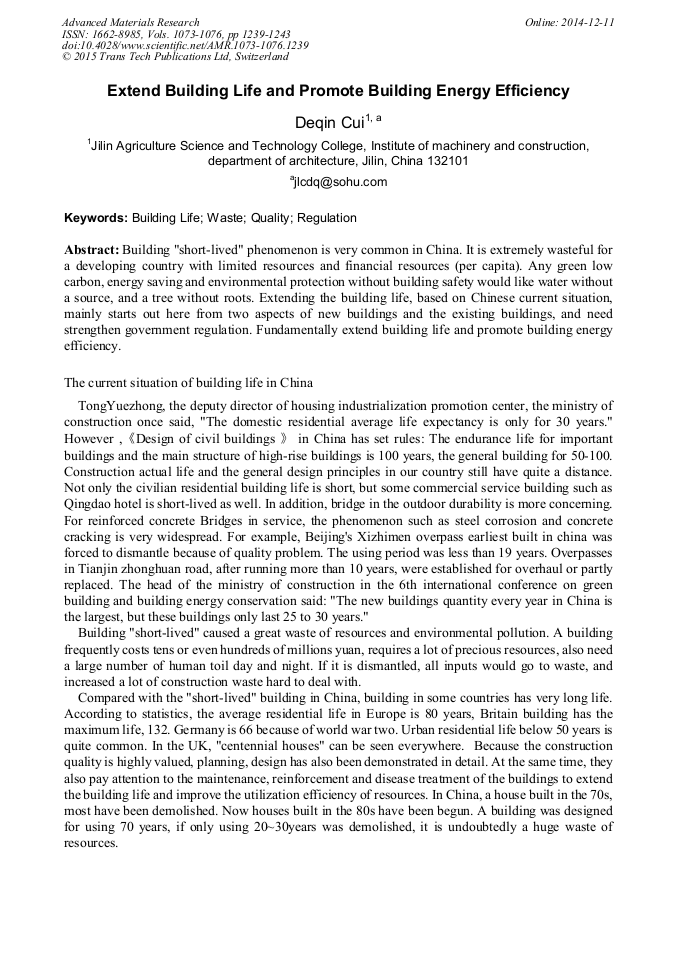 Extend Building Life and Promote Building Energy Efficiency ...