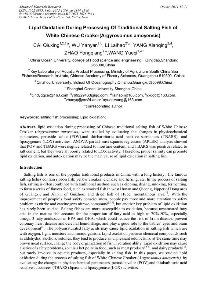 Lipid Oxidation during Processing of Traditional Salting Fish of White ...